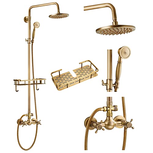 gotonovo Antique Brass Exposed Bathroom Shower Faucet 8 inch Rainfall Shower Head Wall Mounted with Shower Shelf Double Cross Handles Adjustable Handheld Sprayer Shower Shower System Dual Functions