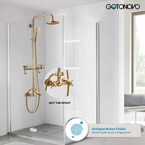 gotonovo Antique Brass Exposed Bathroom Shower Faucet 8 inch Rainfall Shower Head Wall Mounted with Shower Shelf Double Cross Handles Adjustable Handheld Sprayer Shower Shower System Dual Functions