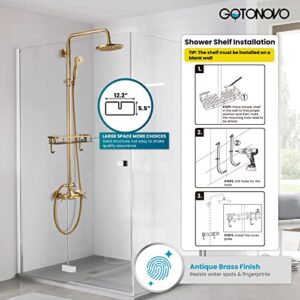 gotonovo Antique Brass Exposed Bathroom Shower Faucet 8 inch Rainfall Shower Head Wall Mounted with Shower Shelf Double Cross Handles Adjustable Handheld Sprayer Shower Shower System Dual Functions