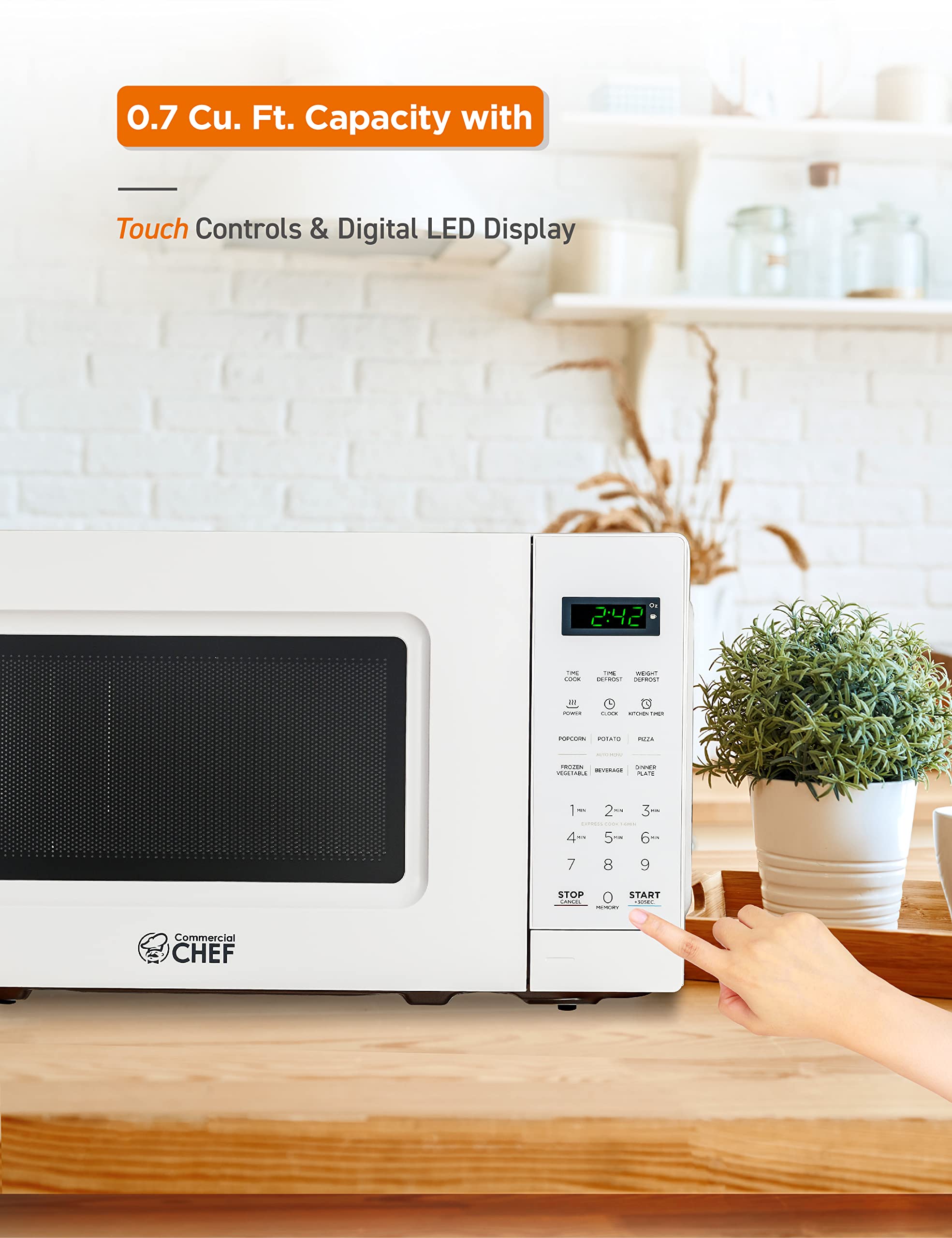 COMMERCIAL CHEF 0.7 Cu Ft Microwave with 10 Power Levels, 700W Microwave with Digital Display, Countertop Microwave with Child Safety Door Lock, Programmable with Push Button, White