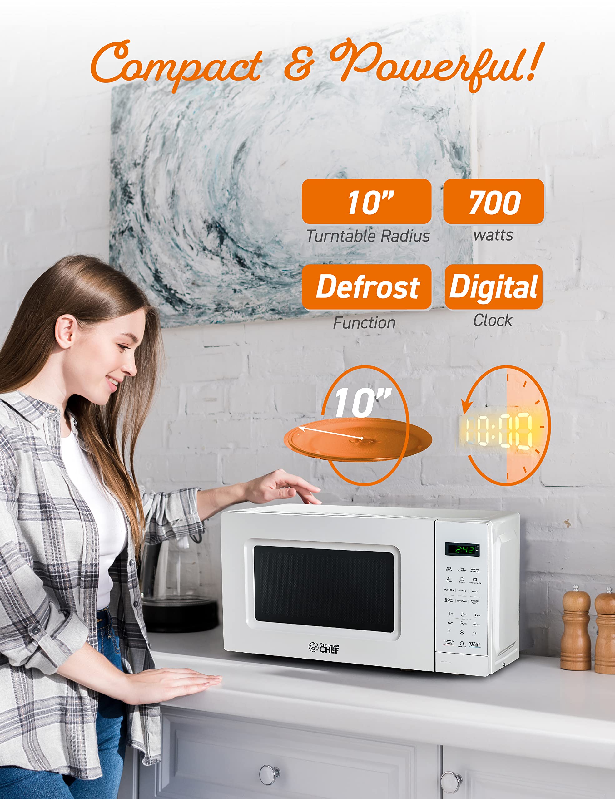 COMMERCIAL CHEF 0.7 Cu Ft Microwave with 10 Power Levels, 700W Microwave with Digital Display, Countertop Microwave with Child Safety Door Lock, Programmable with Push Button, White