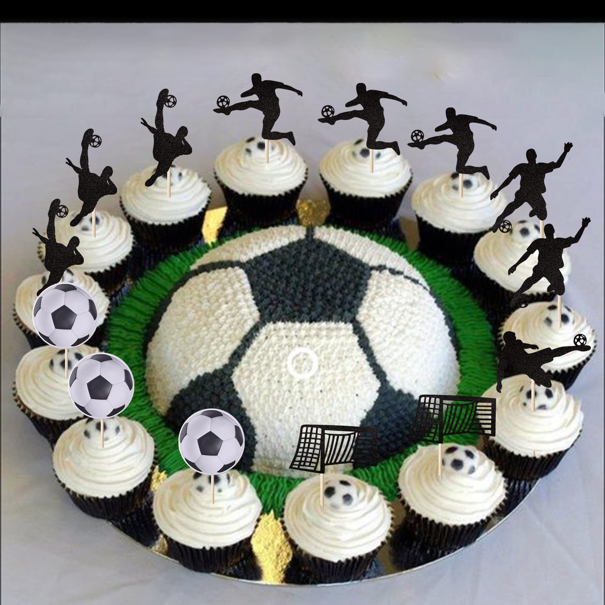 24 Pack Soccer Cupcake Toppers Glitter Soccer Ball Cupcake Picks Sport Football Theme Birthday Party Baby Shower Cupcake Decorations Kids Boys Men Birthday Party Favors Supplies