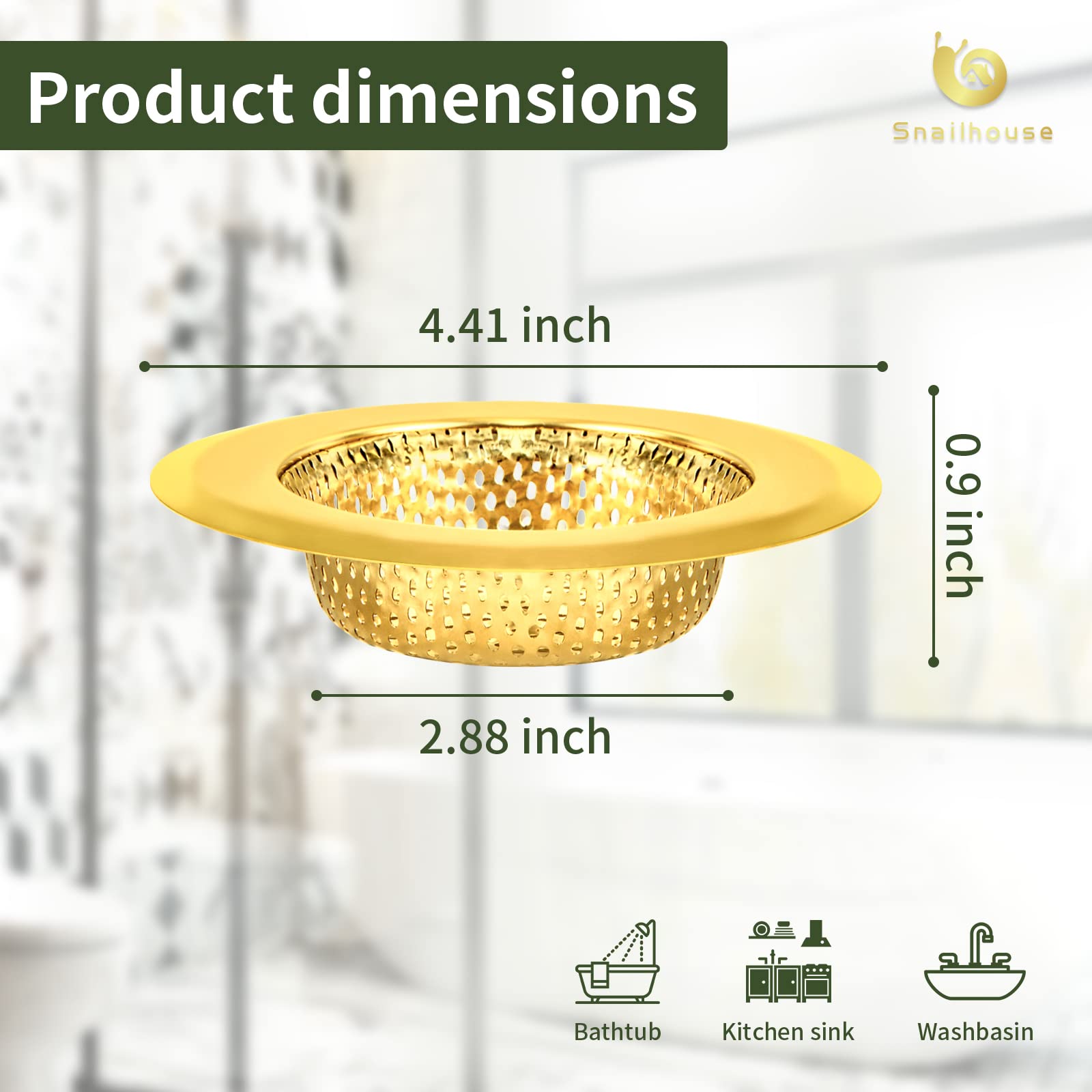 Snailhouse Kitchen Sink Strainers, 2 Pack Stainless Steel Mesh Sink Drain Basket Food Catcher, Large Wide Rim of 4.5 Inches Diameter, Gold