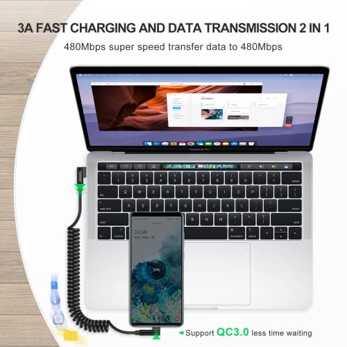 aceyoon [1-2.5ft] USB to USB C Cable, Type C Fast Charging Cable QC 3.0, Coiled Retractable 90 Degree Right Angled, Short Android Auto USB C Charging Cable, (3A 60W)