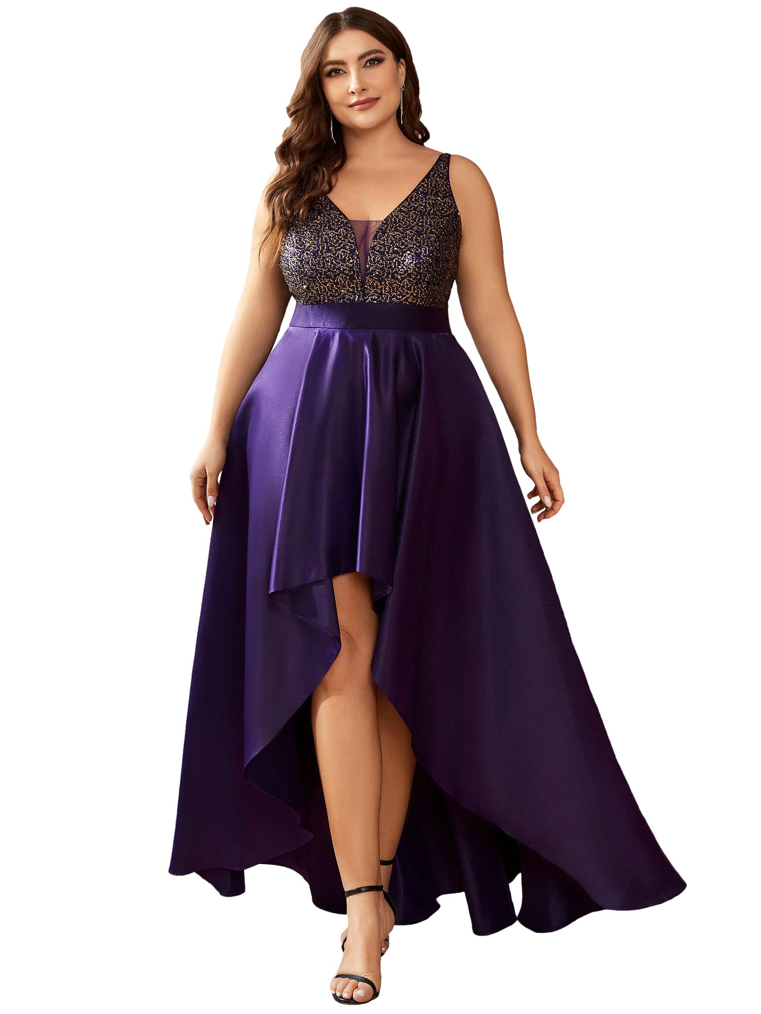 Ever-Pretty Women's Plus Size Sequin V-Neck High-Low A-line Evening Dress Prom Gowns Purple US18