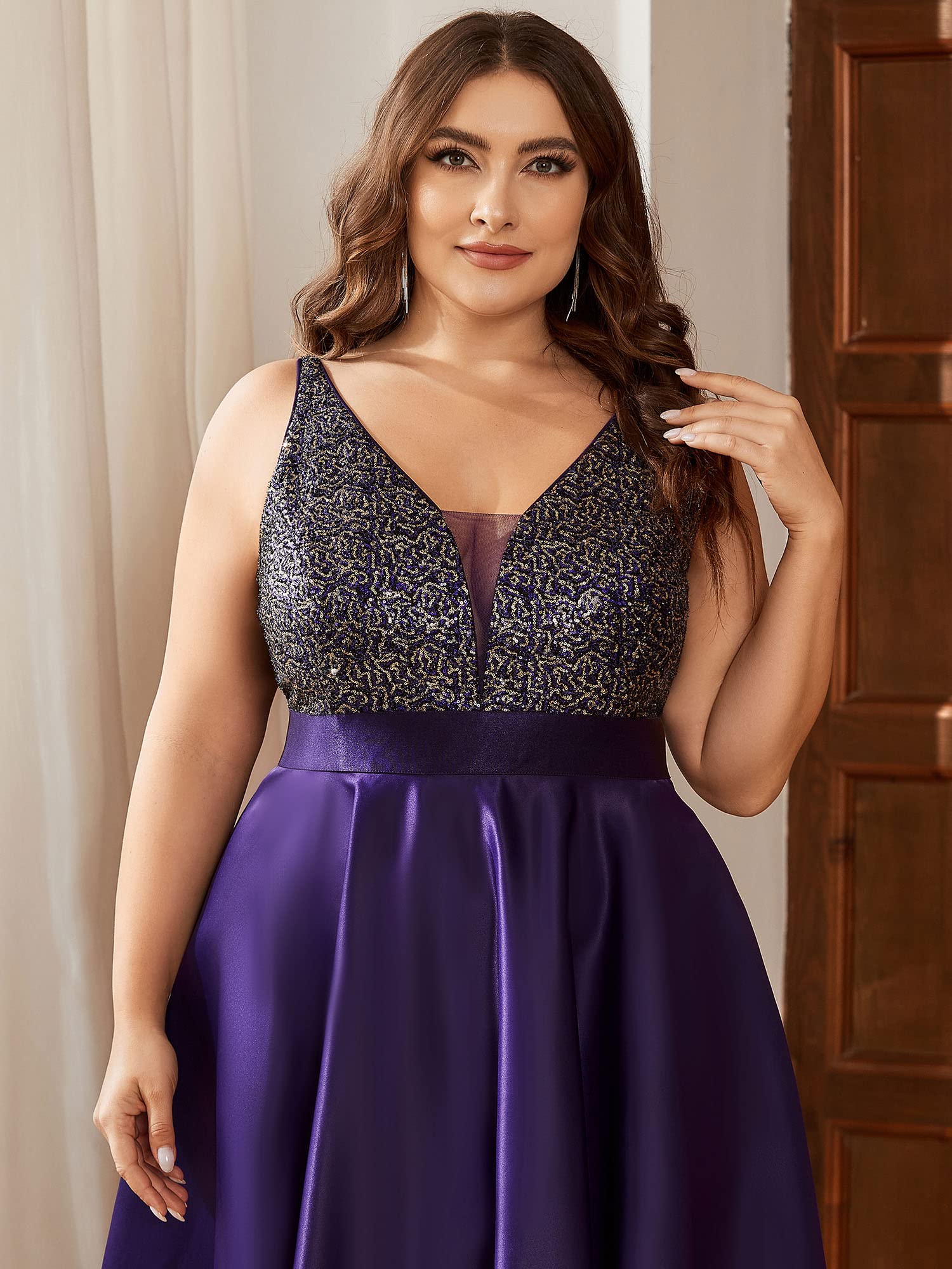 Ever-Pretty Women's Plus Size Sequin V-Neck High-Low A-line Evening Dress Prom Gowns Purple US18