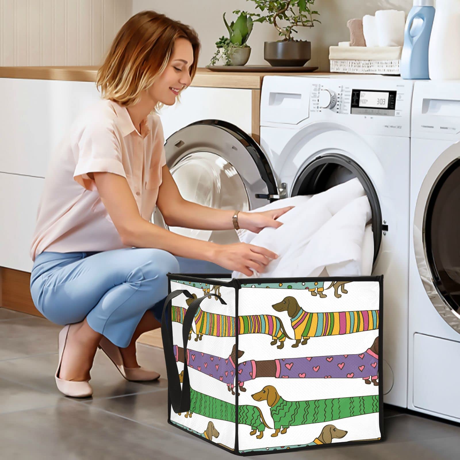 Cartoon Dachshund Dogs Storage Bin Collapsible Toy Storage Basket Cube Laundry Basket Waterproof Nursery Hamper with Handles for Kids Boys Kids Toys Shelf Laundry Girls Home Decor