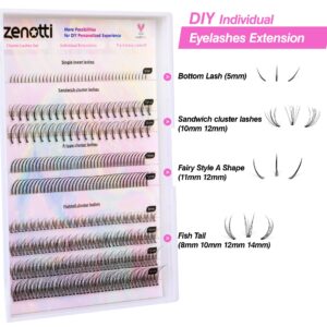 Individual Lashes Manga Lashes Individual Cluster Lashes 320pcs Mixed Pack, DIY Eyelash Extensions 5-16mm Mixed Length zenotti False Eyelashes Natural Look Reusable Super Thin Band C Curl Lower Bottom Lash Fairy Style A Shape Fish Tail Mixed Lash Clusters