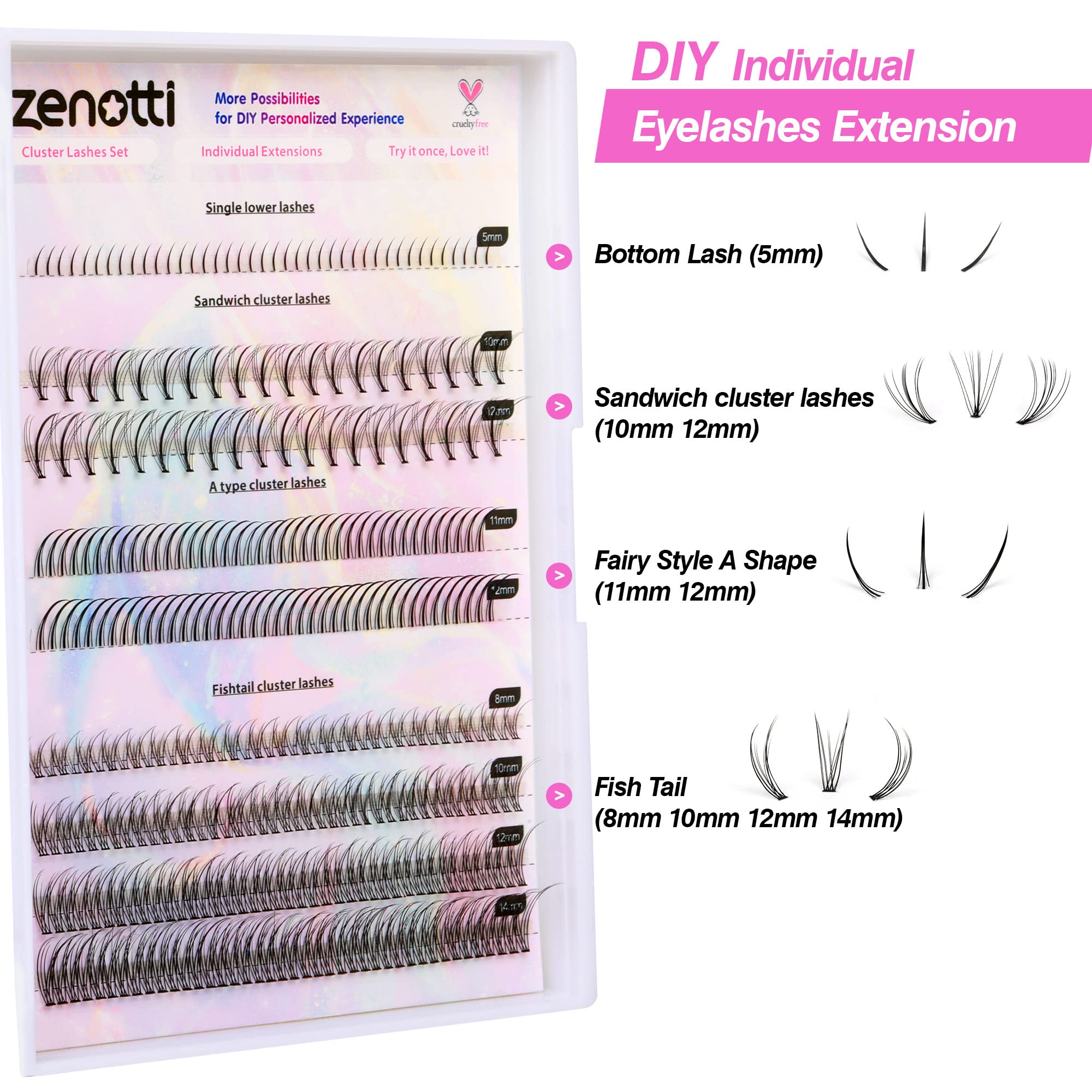 Individual Lashes Manga Lashes Individual Cluster Lashes 320pcs Mixed Pack, DIY Eyelash Extensions 5-16mm Mixed Length zenotti False Eyelashes Natural Look Reusable Super Thin Band C Curl Lower Bottom Lash Fairy Style A Shape Fish Tail Mixed Lash Clusters