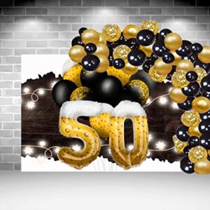 50th Birthday Backdrop for Men, Cheers and Beers to 50 Years Banner Black and Gold Foil Balloon Anniversary Birthday Party Decorations Supplies W-7138