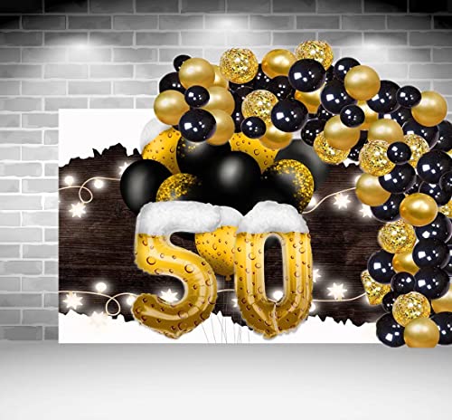 50th Birthday Backdrop for Men, Cheers and Beers to 50 Years Banner Black and Gold Foil Balloon Anniversary Birthday Party Decorations Supplies W-7138