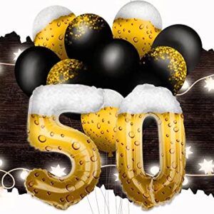 50th Birthday Backdrop for Men, Cheers and Beers to 50 Years Banner Black and Gold Foil Balloon Anniversary Birthday Party Decorations Supplies W-7138