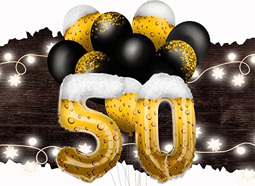 50th Birthday Backdrop for Men, Cheers and Beers to 50 Years Banner Black and Gold Foil Balloon Anniversary Birthday Party Decorations Supplies W-7138