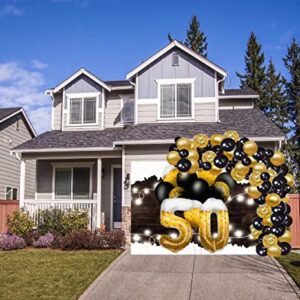 50th Birthday Backdrop for Men, Cheers and Beers to 50 Years Banner Black and Gold Foil Balloon Anniversary Birthday Party Decorations Supplies W-7138