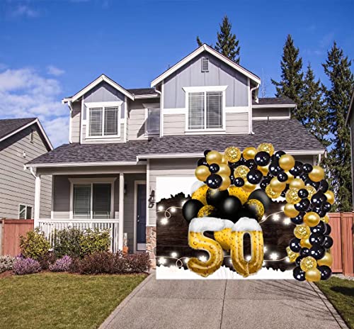 50th Birthday Backdrop for Men, Cheers and Beers to 50 Years Banner Black and Gold Foil Balloon Anniversary Birthday Party Decorations Supplies W-7138