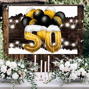 50th Birthday Backdrop for Men, Cheers and Beers to 50 Years Banner Black and Gold Foil Balloon Anniversary Birthday Party Decorations Supplies W-7138