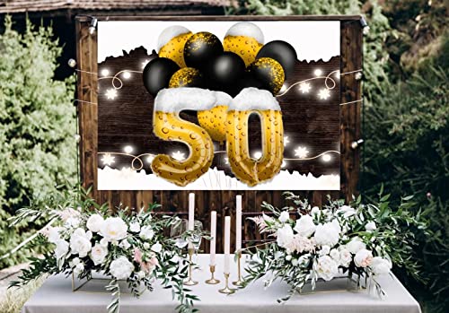 50th Birthday Backdrop for Men, Cheers and Beers to 50 Years Banner Black and Gold Foil Balloon Anniversary Birthday Party Decorations Supplies W-7138