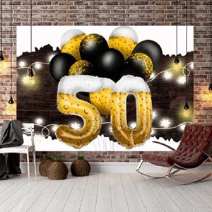 50th Birthday Backdrop for Men, Cheers and Beers to 50 Years Banner Black and Gold Foil Balloon Anniversary Birthday Party Decorations Supplies W-7138