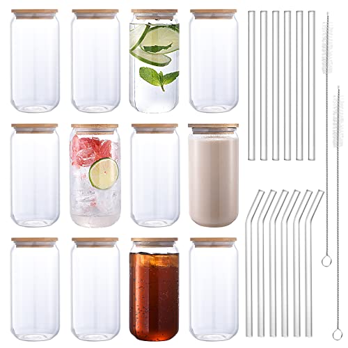 MorningRising Glass Cups with Lids and Straws Set of 12, 16 oz Beer Glasses, Drinking Glasses, Glass Cups, Iced Coffee Glasses for Beer, Cocktail, Whiskey, Smoothies