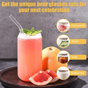 MorningRising Glass Cups with Lids and Straws Set of 12, 16 oz Beer Glasses, Drinking Glasses, Glass Cups, Iced Coffee Glasses for Beer, Cocktail, Whiskey, Smoothies