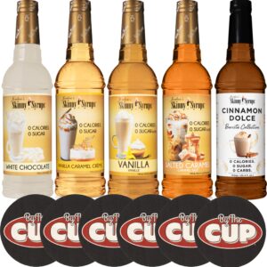 Jordan's Skinny Syrups Sugar Free 5 Flavor Variety 1 of each 750 ml Bottles (Pack of 5) with By The Cup Coasters