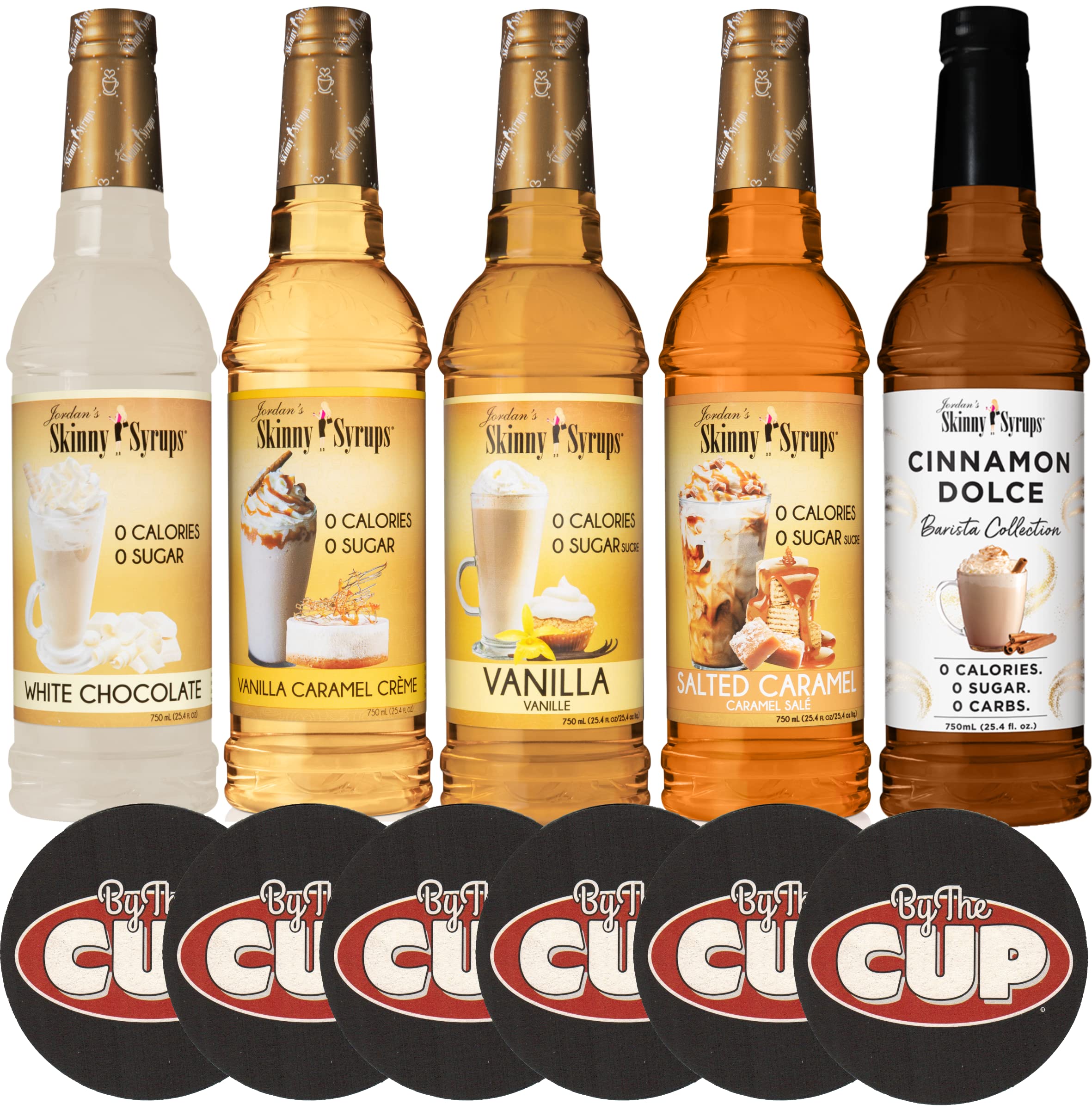 Jordan's Skinny Syrups Sugar Free 5 Flavor Variety 1 of each 750 ml Bottles (Pack of 5) with By The Cup Coasters