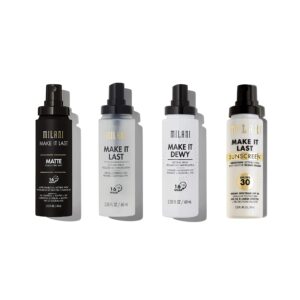 milani setting sprays: make it last, make it dewy, make it last charcoal matte, make it last sunscreen setting spray with spf30, long lasting makeup finishing spray