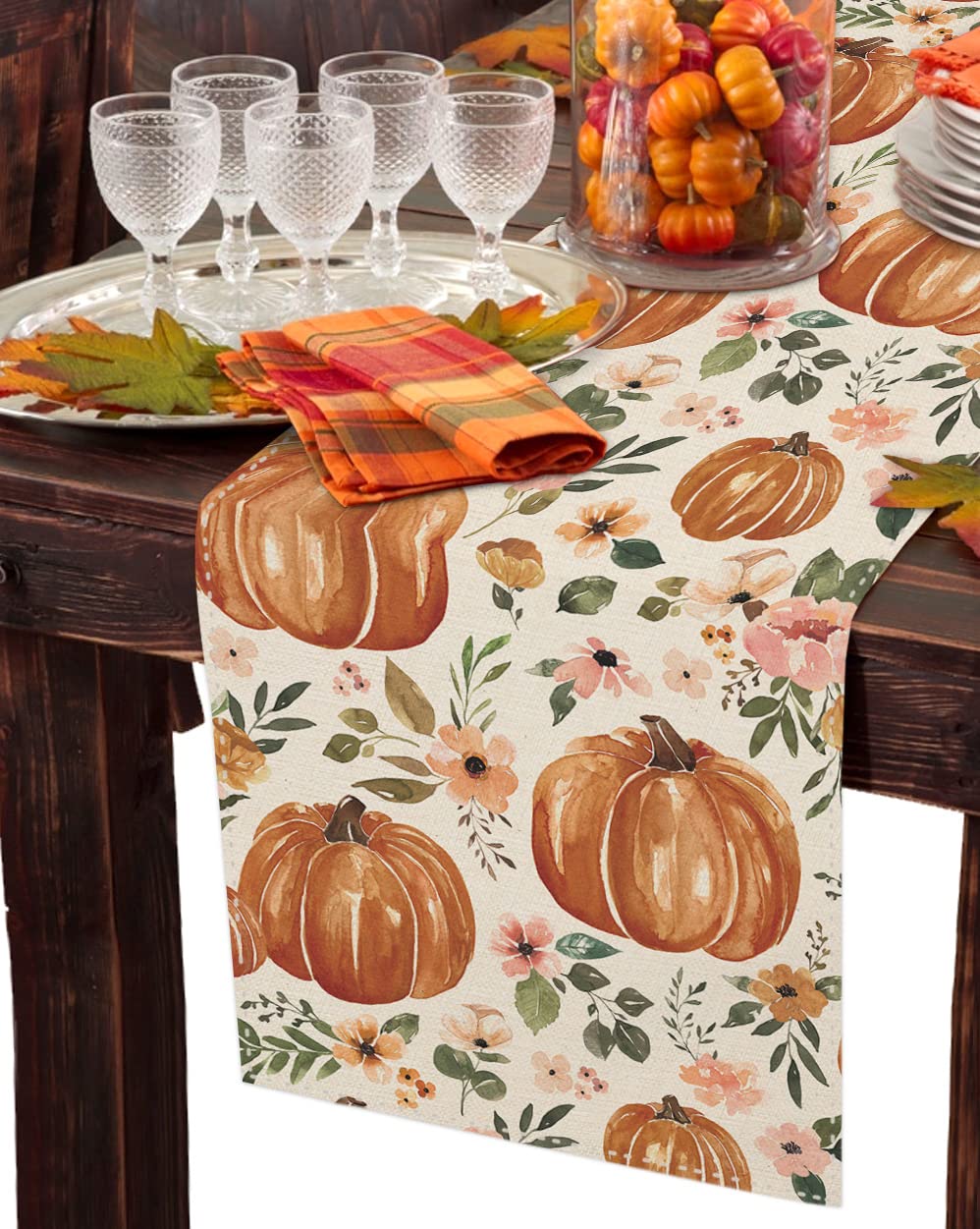 Sambosk Fall Pumpkin Table Runner, Autumn Thanksgiving Floral Table Runners for Kitchen Dining Coffee or Indoor and Outdoor Home Parties Decor 13 x 72 Inches SK095