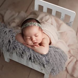 SPOKKI Newborn Photography Props Bed, White Wooden Baby Photoshoot Props Bed, Doll Bed with Dark Grey Blanket & Box for Newborn Photoshoot