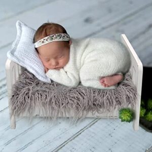 SPOKKI Newborn Photography Props Bed, White Wooden Baby Photoshoot Props Bed, Doll Bed with Dark Grey Blanket & Box for Newborn Photoshoot