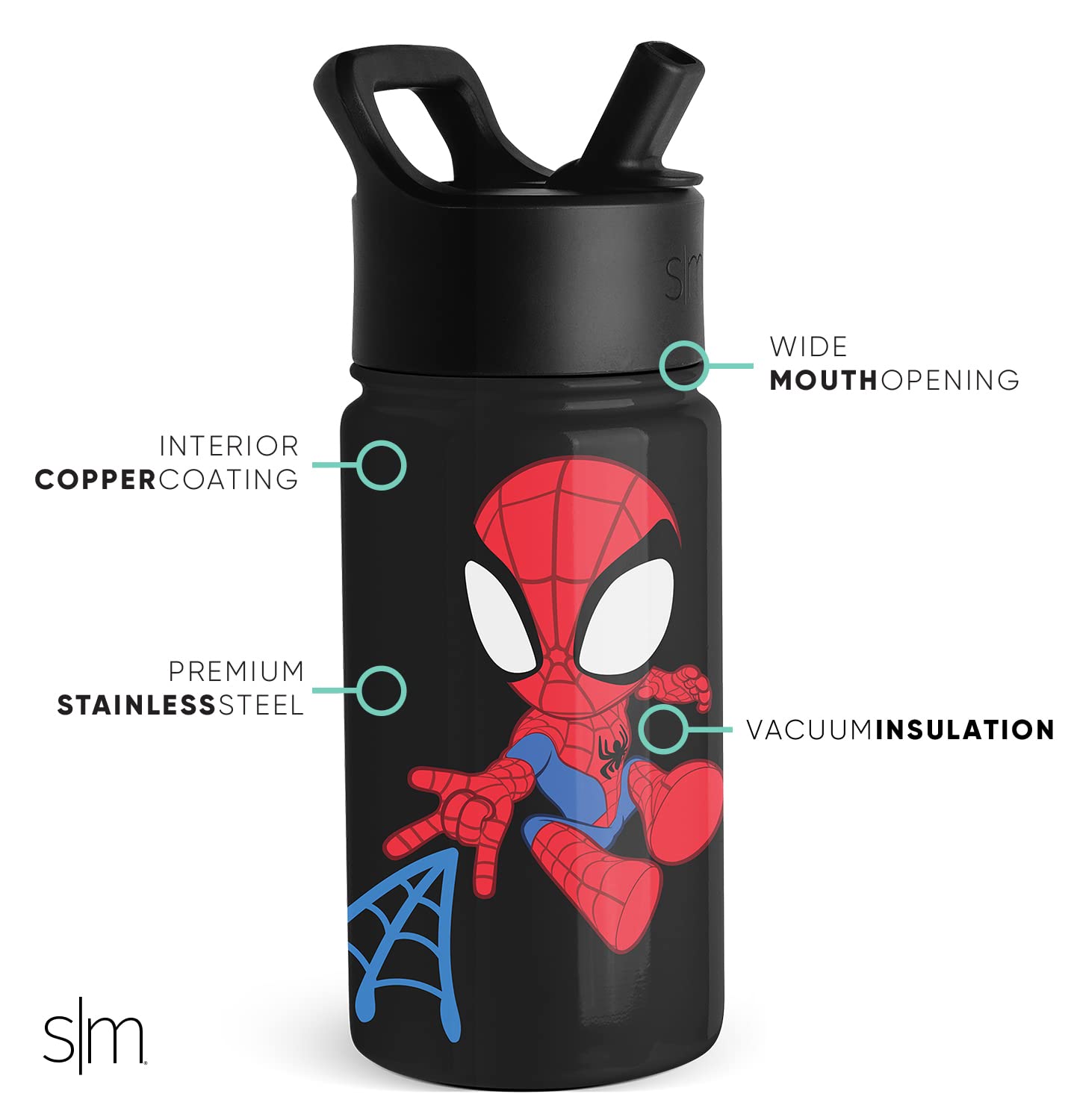 Simple Modern Spiderman Kids Water Bottle with Straw Lid | Marvel Insulated Stainless Steel Reusable Tumbler Gifts for School, Toddlers, Boys | Summit Collection | 14oz, Spidey Kid