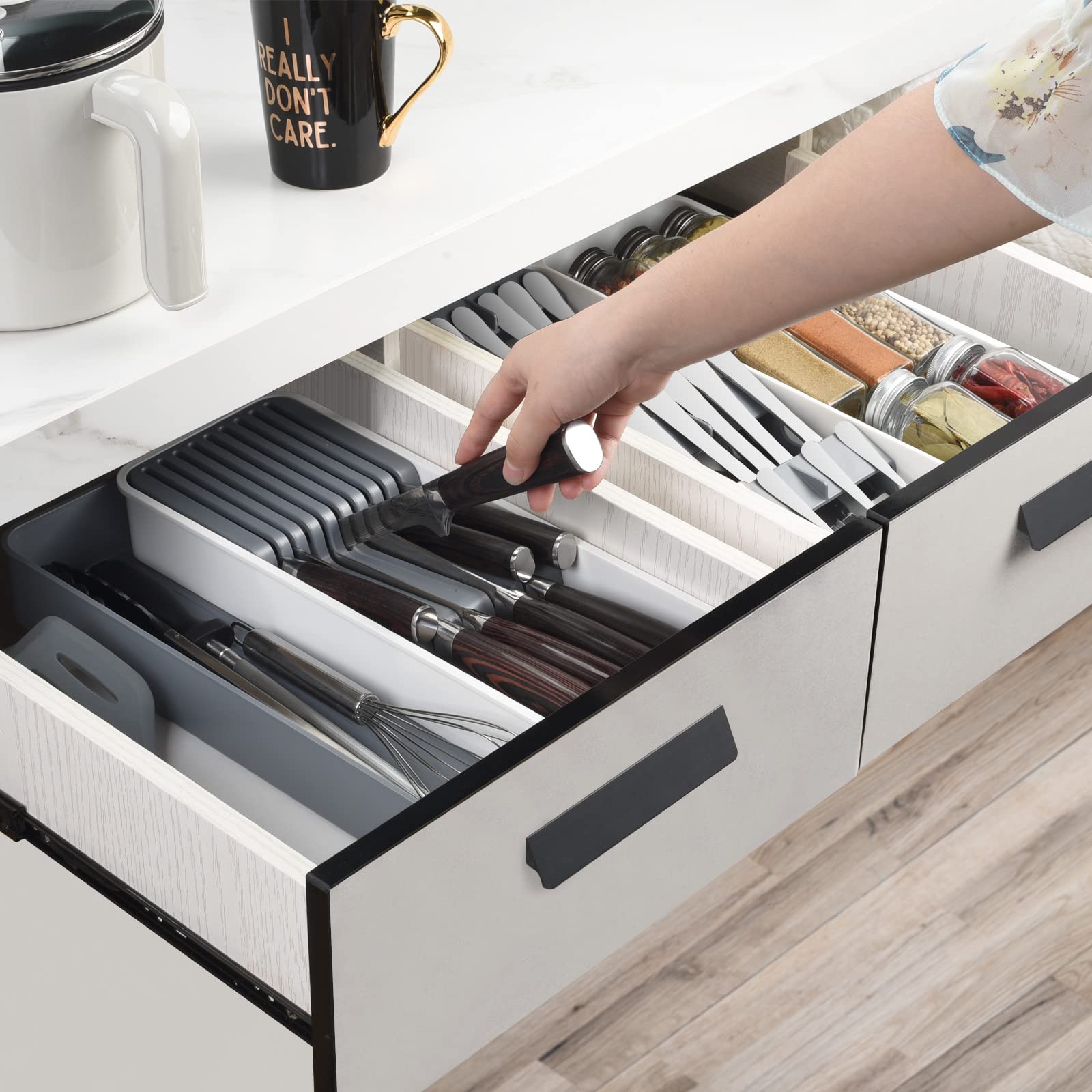 Expandable Kitchen Knife Drawer Organizer, Compact Cutlery Organizer Storage Knife Holder, With Adjustable Storage Tray for Knife Block, Insert-Holds 9 Knives and Store Other Kitchen Gadgets