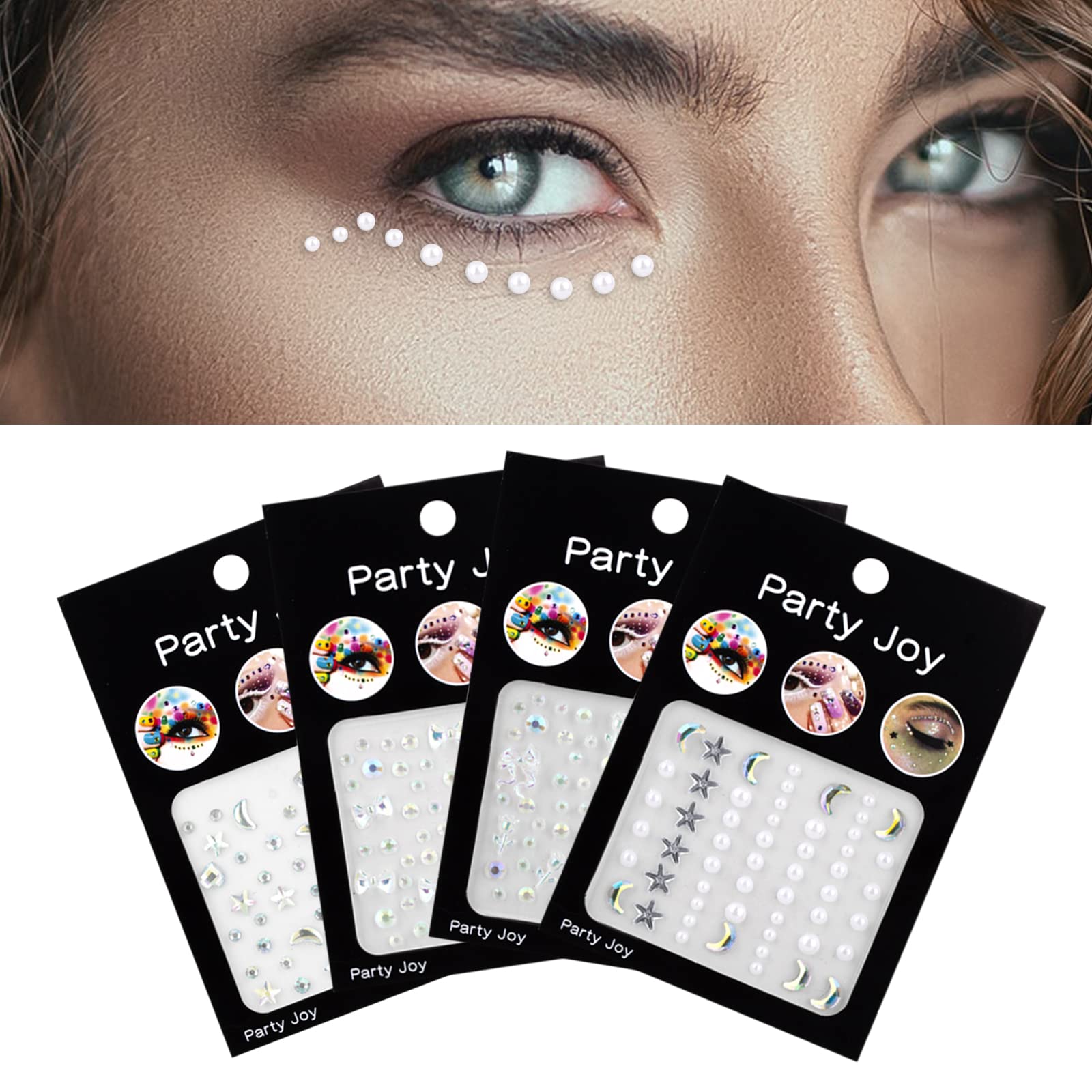 AIEX 4 Sheets Festival Face Gems Stick on, Self-Adhesive Face Jewels Stickers Face Diamonds Rhinestones for Makeup, Nail Gems Pearl Stickers for Face Eye Belly Arm Body Nail Decoration Party