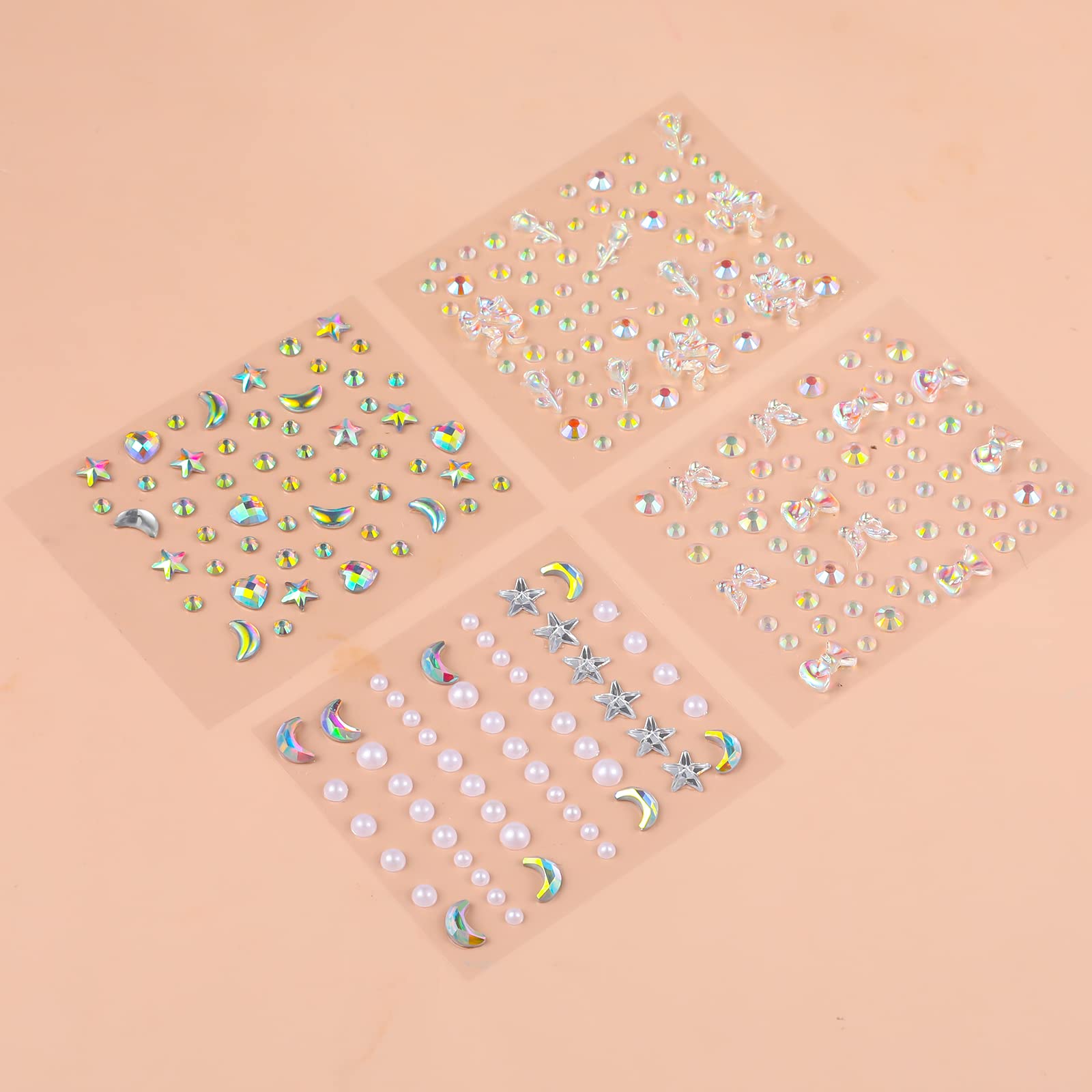 AIEX 4 Sheets Festival Face Gems Stick on, Self-Adhesive Face Jewels Stickers Face Diamonds Rhinestones for Makeup, Nail Gems Pearl Stickers for Face Eye Belly Arm Body Nail Decoration Party