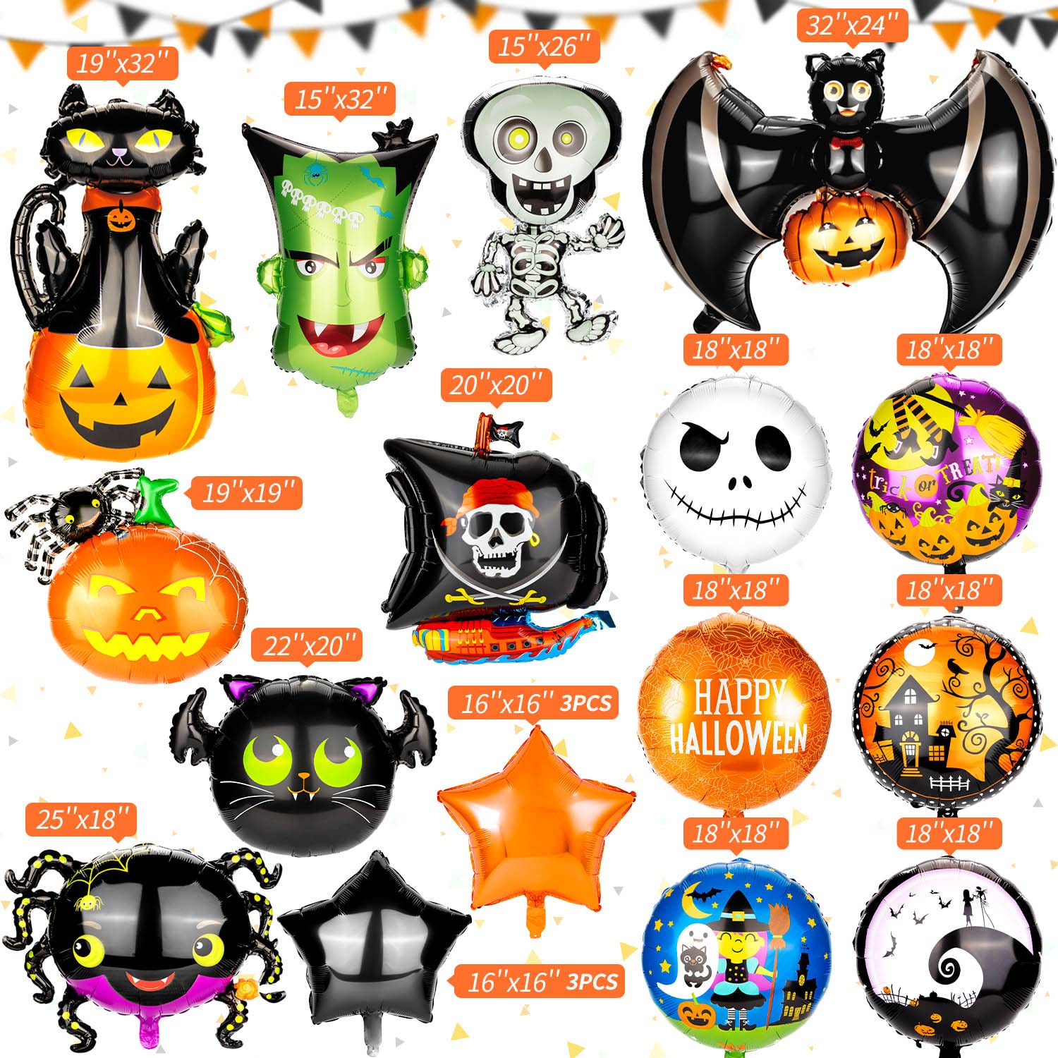 20 Pcs Halloween Balloons, Large 30IN Bat, Pumpkin, Spider, Skeleton Skull, Star Shape Mylar Balloon, Black & Orange & Purple Helium Foil Balloon for Party Decorations