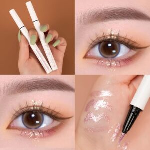 Liquid Glitter Eyeliner Lying Silkworm Pen, Diamond Glitter Eyeshadow Liner Pencil, Body Face Glitter Highlighter Long lasting Waterproof Quick-dry Matte Pink Silkworm Champagne Gold Eyeliner Pen