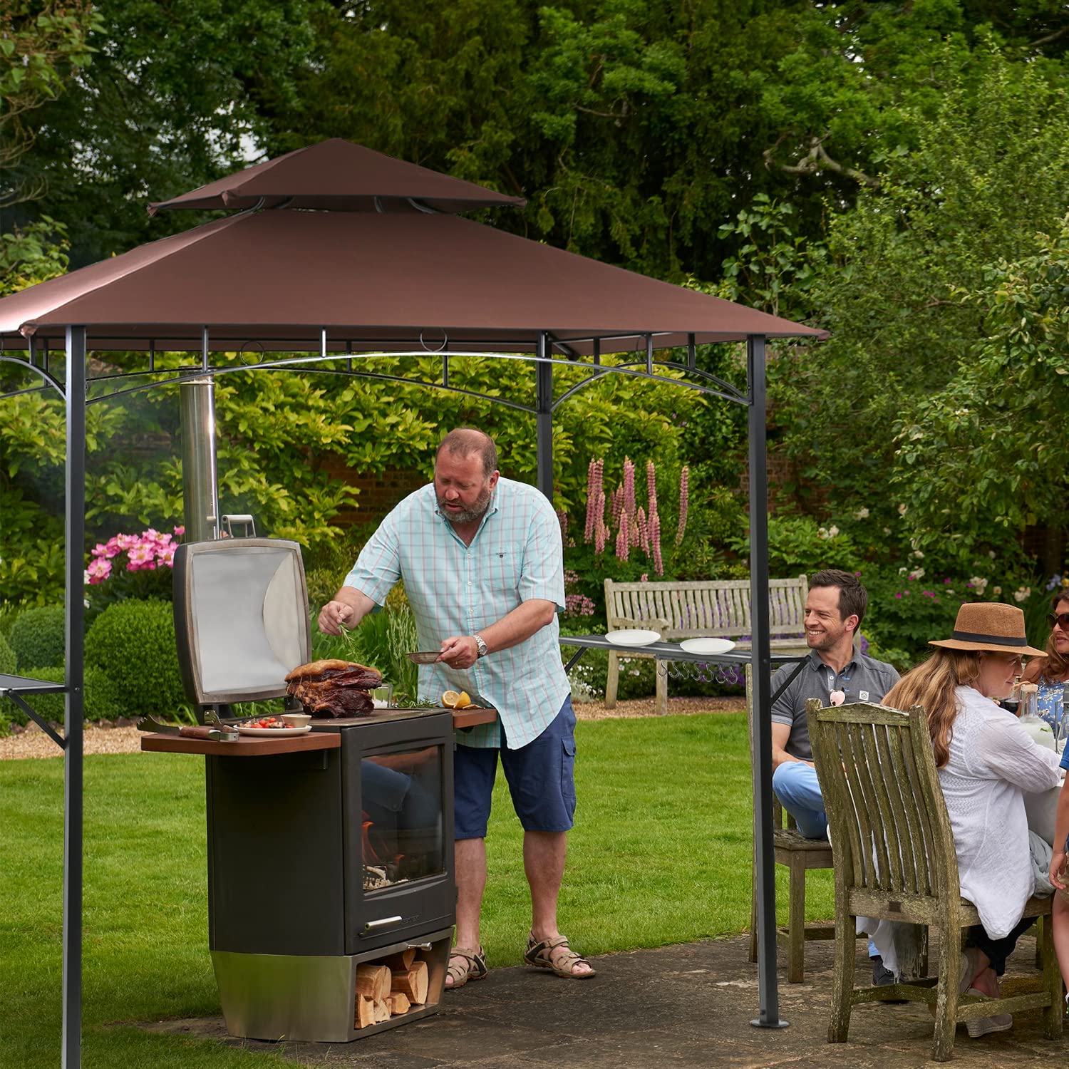 Grill Gazebo, Outdoor Barbeque Gazebo Canopy, 8'x 5' Barbecue Canopy BBQ Gazebo Canopy Tent w/Air Vent Double Tiered (Brown)