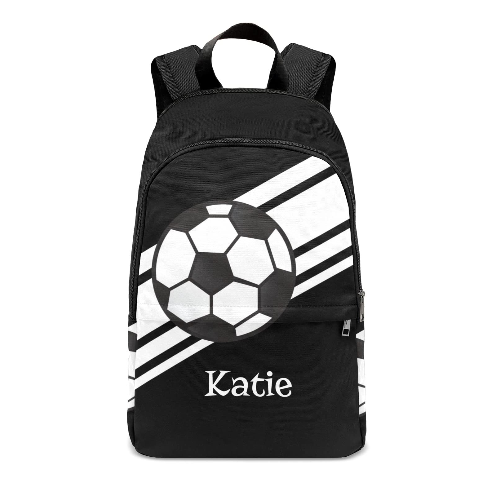 Urcustom Personalized Name Soccer Ball Sports Black Backpack Unisex Bookbag for Boy Girl Travel Daypack Bag Purse 17.7 IN