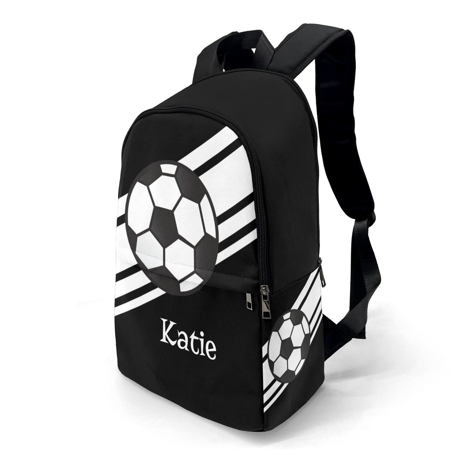 Urcustom Personalized Name Soccer Ball Sports Black Backpack Unisex Bookbag for Boy Girl Travel Daypack Bag Purse 17.7 IN