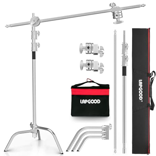 Lapgood Stainless Steel Heavy Duty C-Stand with Boom Arm,10.8ft/330cm Adjustable Photography Stand with 4.2ft/128cm Holding Arm,2 Grip Head,Sandbag,Storage Bag for Studio Monolight, Softbox, Reflector