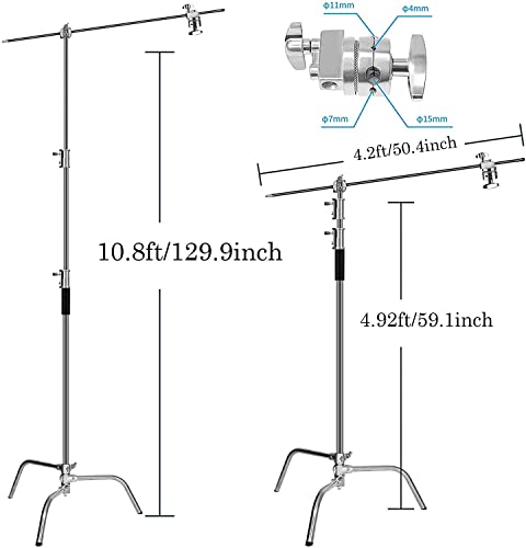 Lapgood Stainless Steel Heavy Duty C-Stand with Boom Arm,10.8ft/330cm Adjustable Photography Stand with 4.2ft/128cm Holding Arm,2 Grip Head,Sandbag,Storage Bag for Studio Monolight, Softbox, Reflector