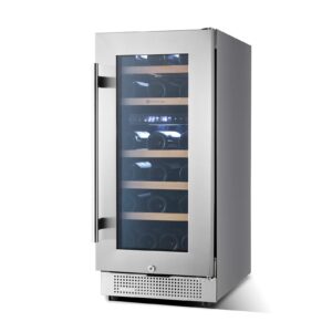 wineboss 15" wine cooler refrigerator, 28 bottle seamless stainless steel built-in freestanding wine fridge double-layer tempered glass door with lock, under counter wine cellar