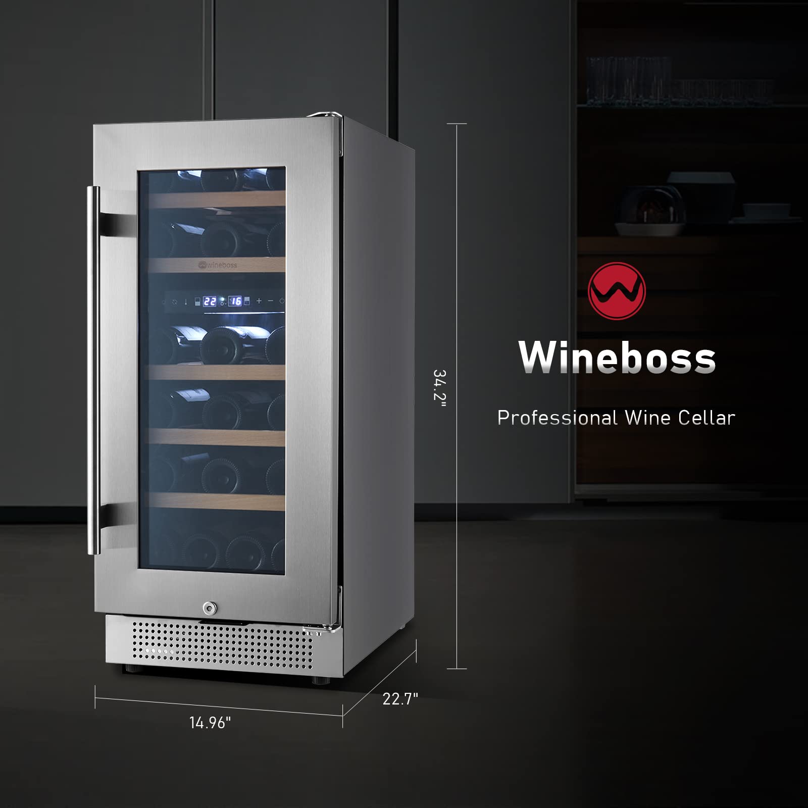 WINEBOSS 15" Wine Cooler Refrigerator, 28 Bottle Seamless Stainless Steel Built-in Freestanding Wine Fridge Double-Layer Tempered Glass Door with Lock, Under Counter Wine Cellar