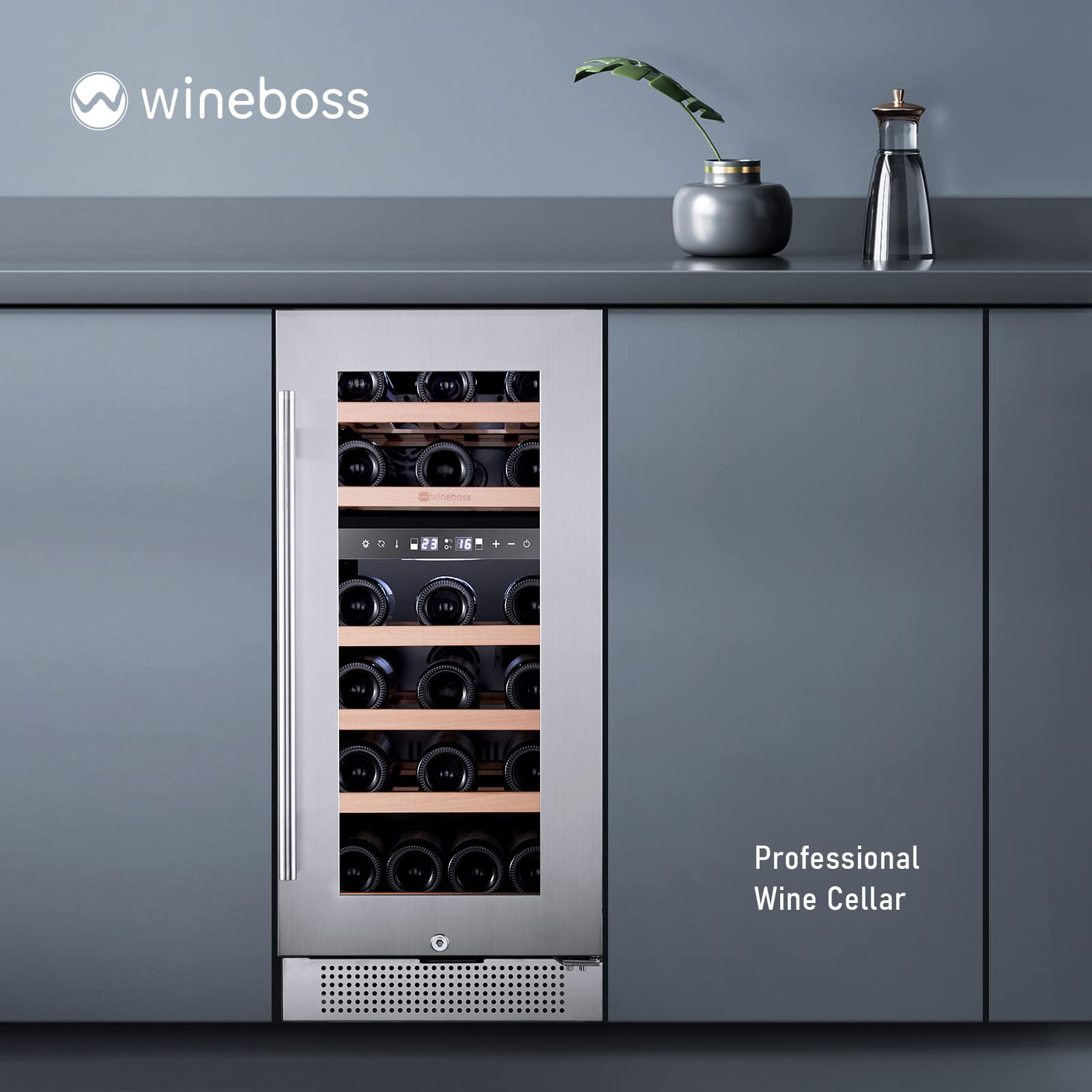 WINEBOSS 15" Wine Cooler Refrigerator, 28 Bottle Seamless Stainless Steel Built-in Freestanding Wine Fridge Double-Layer Tempered Glass Door with Lock, Under Counter Wine Cellar