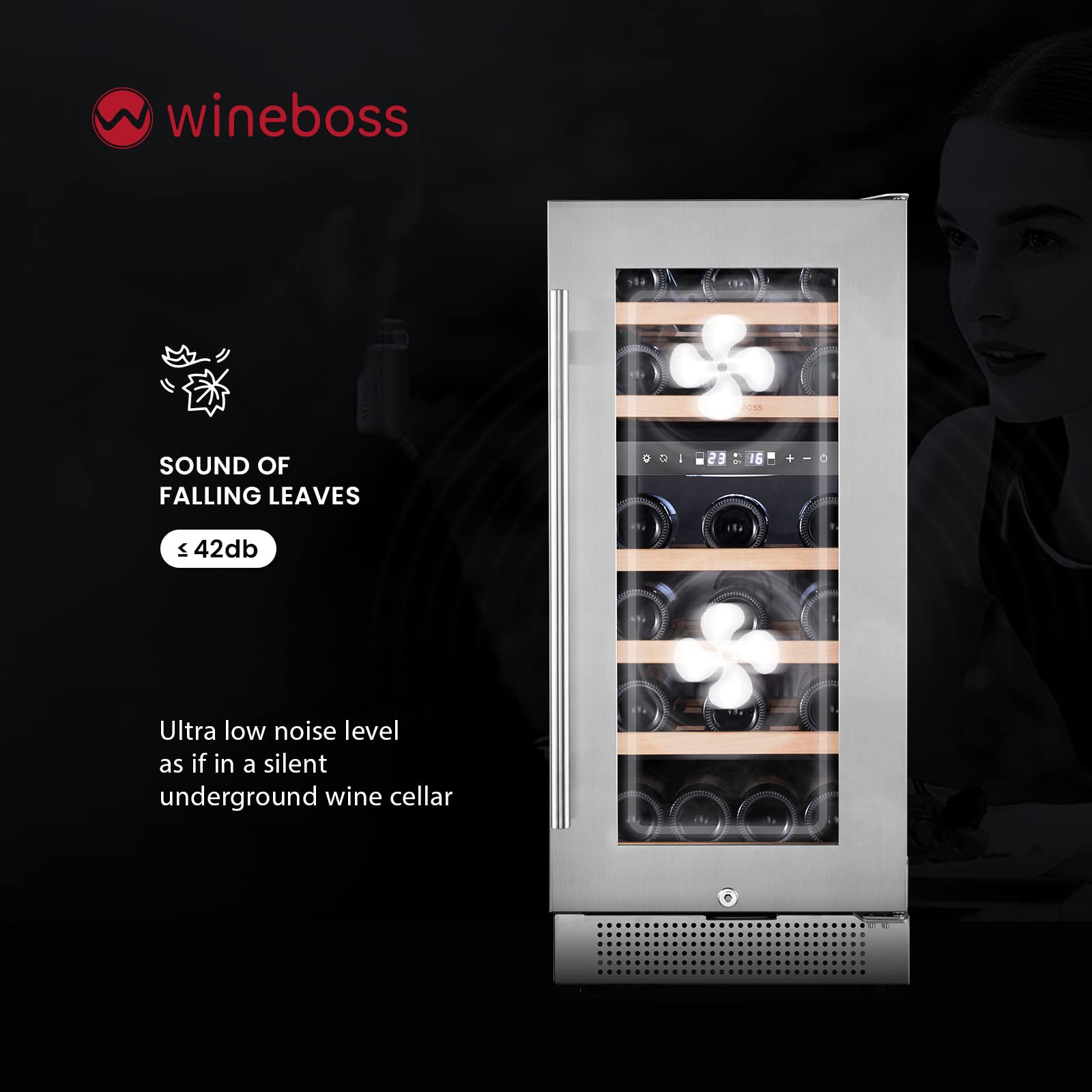 WINEBOSS 15" Wine Cooler Refrigerator, 28 Bottle Seamless Stainless Steel Built-in Freestanding Wine Fridge Double-Layer Tempered Glass Door with Lock, Under Counter Wine Cellar