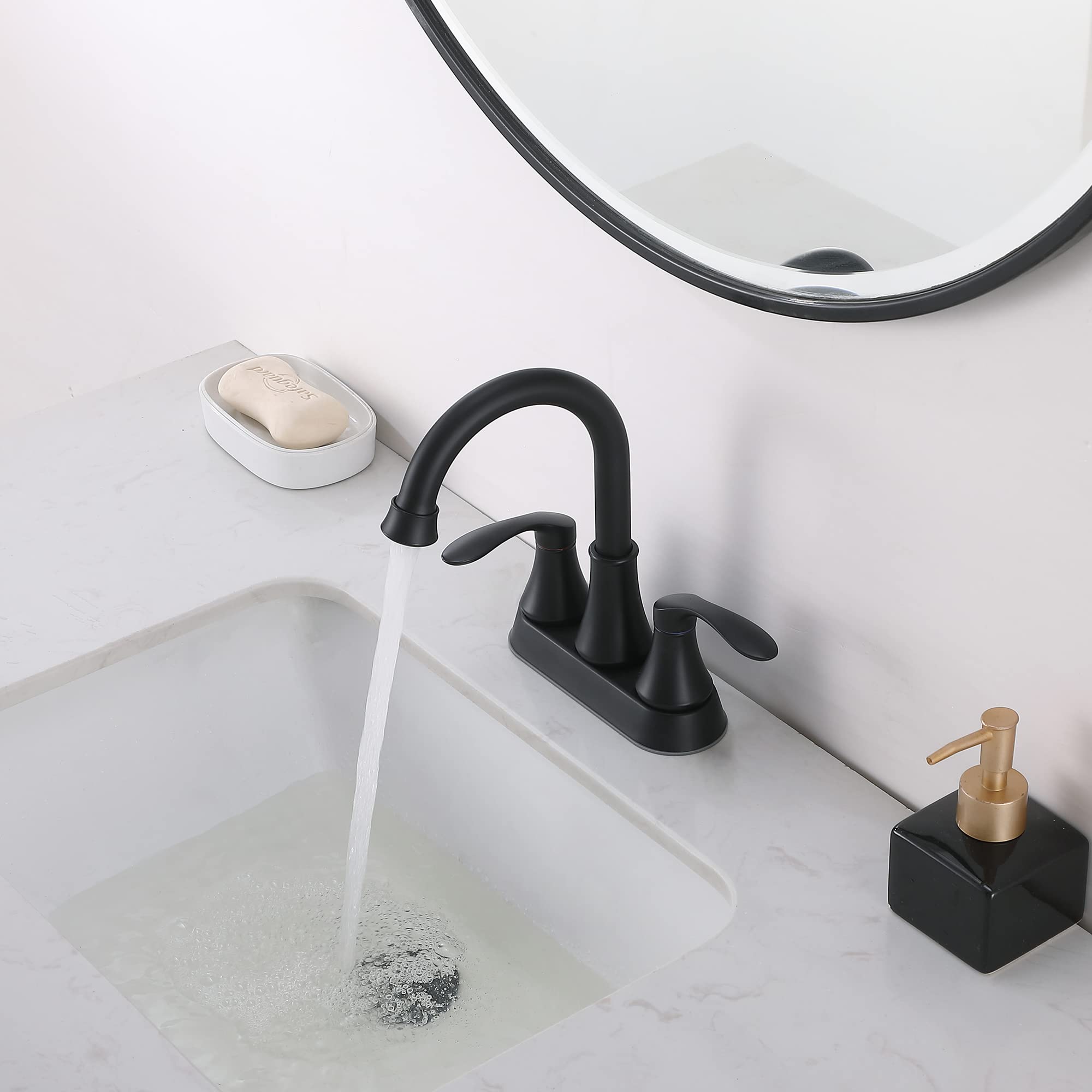 Friho Lead-Free Modern Commercial Two Handle Matte Black Bathroom Faucet, Bathroom Sink Faucet 3 Hole Bath Vanity Faucets with Drain Stopper and Water Hoses