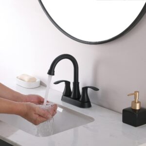 Friho Lead-Free Modern Commercial Two Handle Matte Black Bathroom Faucet, Bathroom Sink Faucet 3 Hole Bath Vanity Faucets with Drain Stopper and Water Hoses