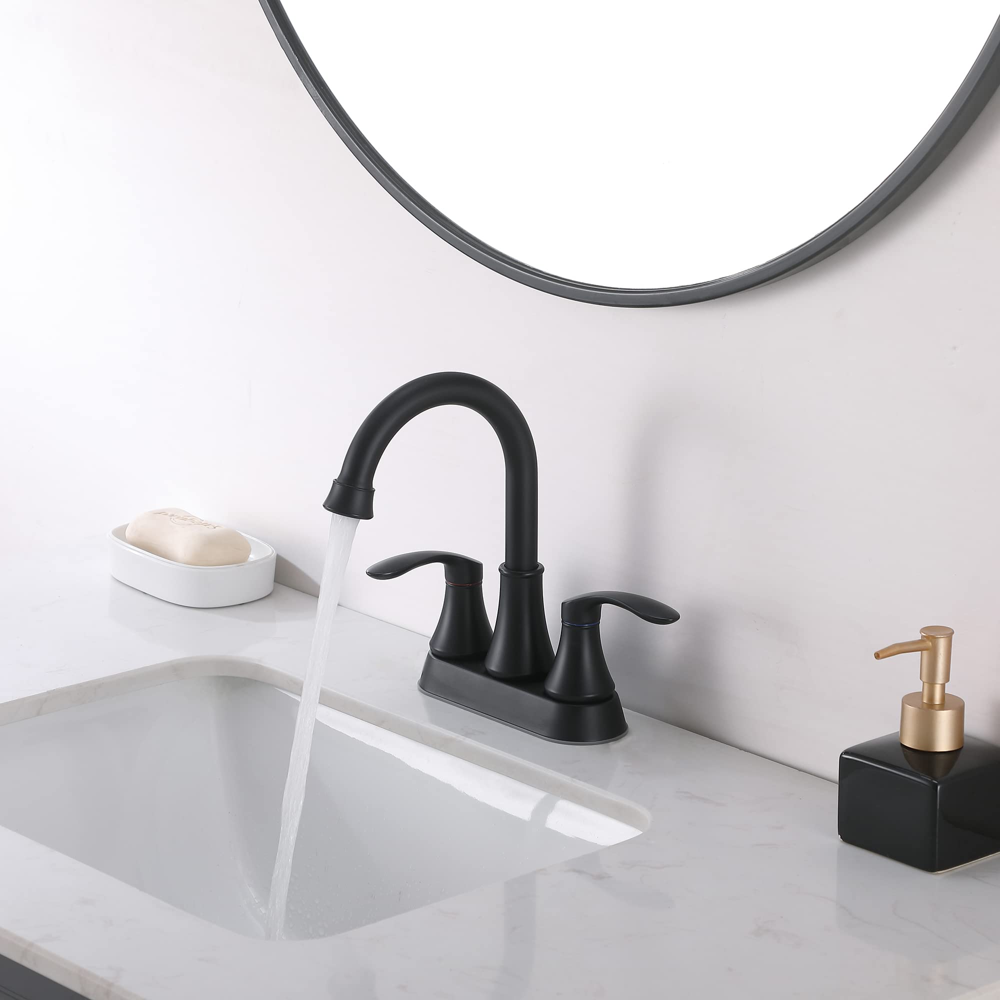 Friho Lead-Free Modern Commercial Two Handle Matte Black Bathroom Faucet, Bathroom Sink Faucet 3 Hole Bath Vanity Faucets with Drain Stopper and Water Hoses