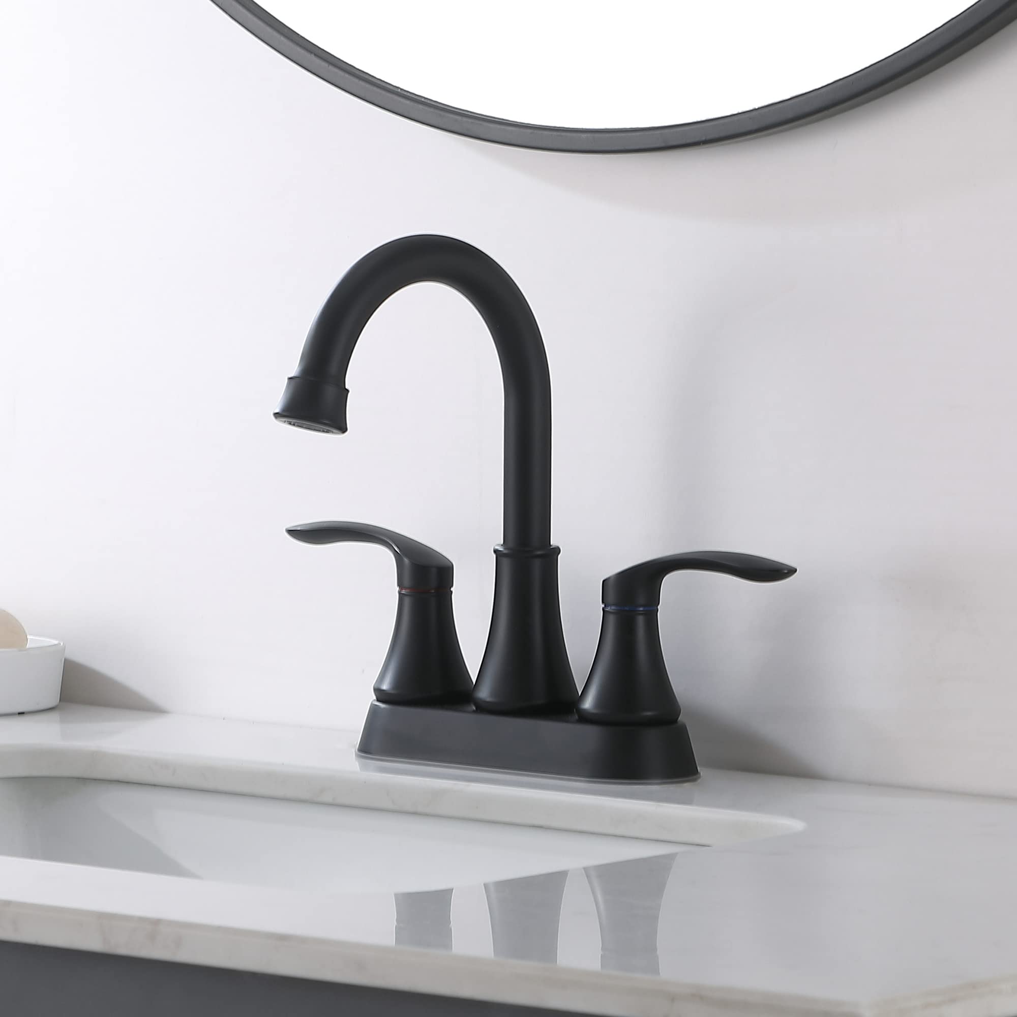 Friho Lead-Free Modern Commercial Two Handle Matte Black Bathroom Faucet, Bathroom Sink Faucet 3 Hole Bath Vanity Faucets with Drain Stopper and Water Hoses