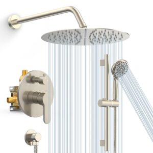 sr sun rise 12 inch rain shower system, high pressure shower heads and handheld 6-spray combo set slide bar shower faucets sets complete included valve and trim kit for bathroom, brushed nickel